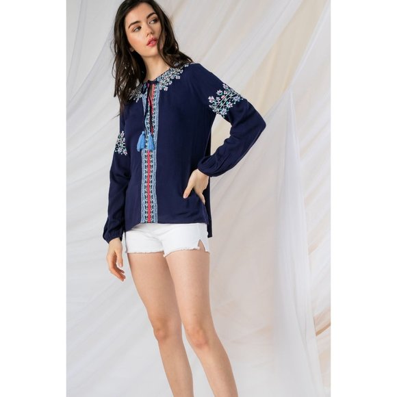 THML | Tops | Thml Embroidered Top Navy | Poshmark